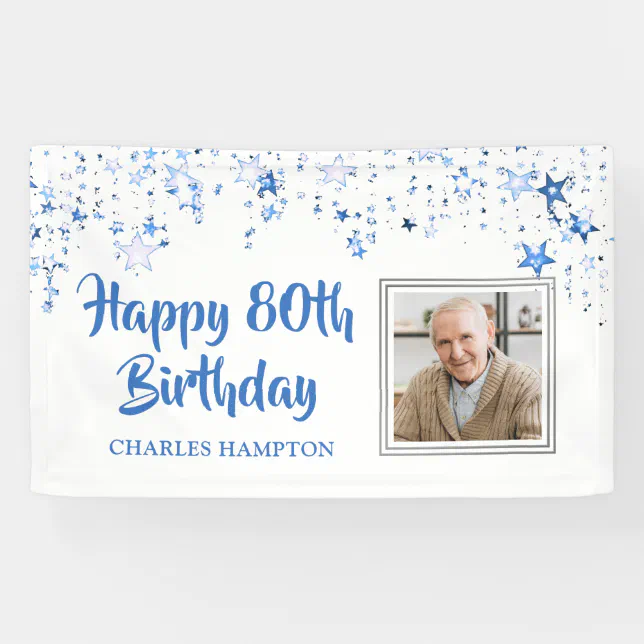 80th Birthday Photo Blue Stars Personalized Banner | Zazzle