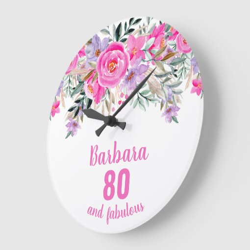 80th birthday pink floral large clock | Zazzle