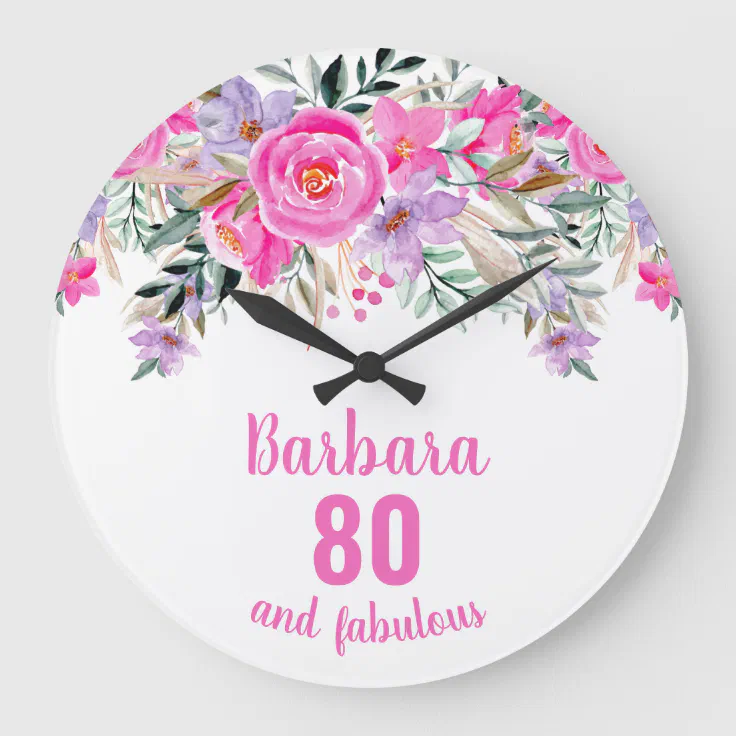 80th birthday pink floral large clock | Zazzle