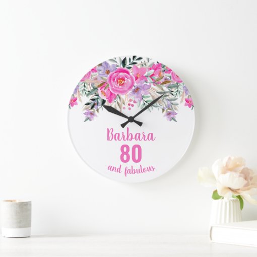 80th birthday pink floral large clock | Zazzle