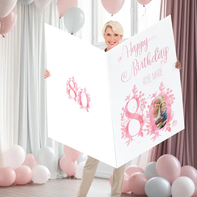 80th Birthday Pink Floral Numbers Jumbo Photo Card | Zazzle