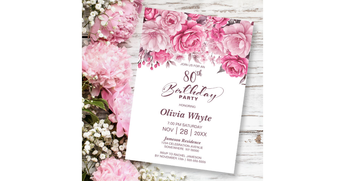 80th Birthday Pink Rose Floral Party Invitation | Zazzle