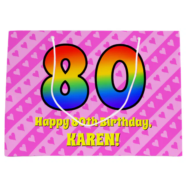80th Birthday: Pink Stripes & Hearts, Rainbow # 80 Large Gift Bag | Zazzle