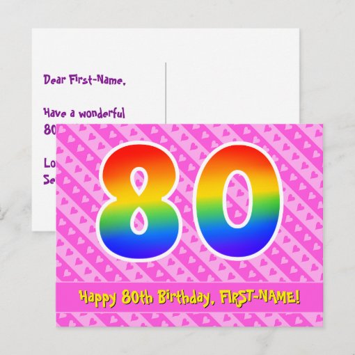 80th Birthday: Pink Stripes & Hearts, Rainbow 80 Postcard | Zazzle