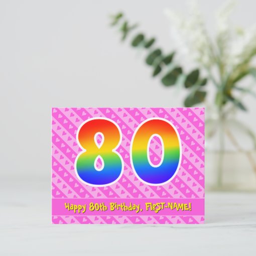 80th Birthday: Pink Stripes & Hearts, Rainbow 80 Postcard | Zazzle