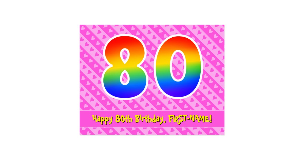 80th Birthday: Pink Stripes & Hearts, Rainbow 80 Postcard | Zazzle.com