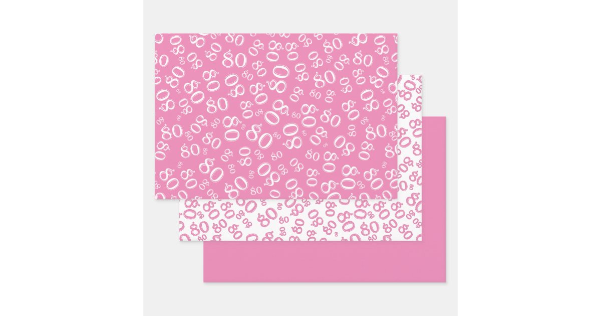 80th Birthday Pink & White Number Pattern 80 Wrapping Paper Sheets | Zazzle