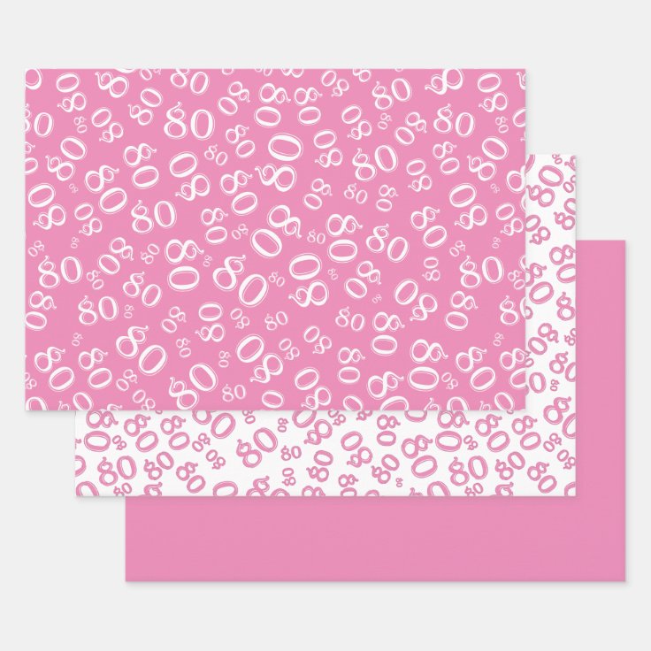 80th Birthday Pink & White Number Pattern 80 Wrapping Paper Sheets | Zazzle