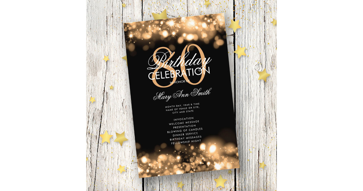 80th Birthday Program Glam Lights Gold Menu Flyer | Zazzle