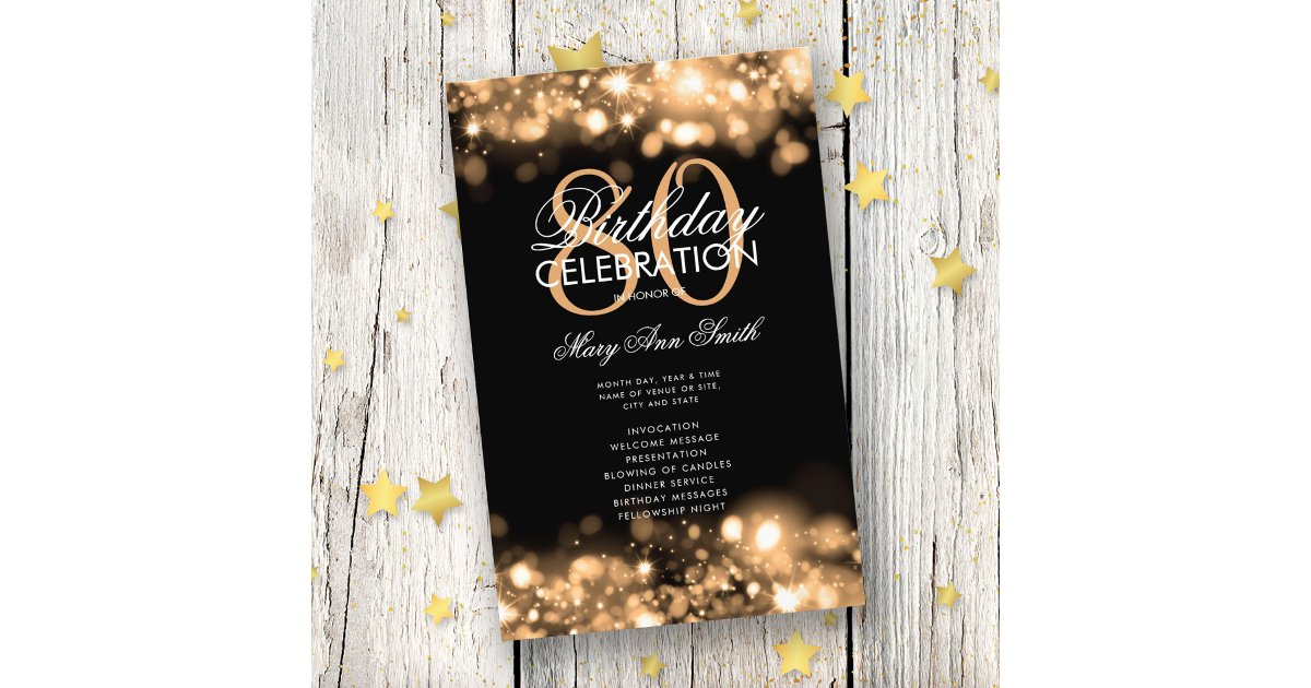 80th Birthday Program Glam Lights Gold Menu Flyer | Zazzle