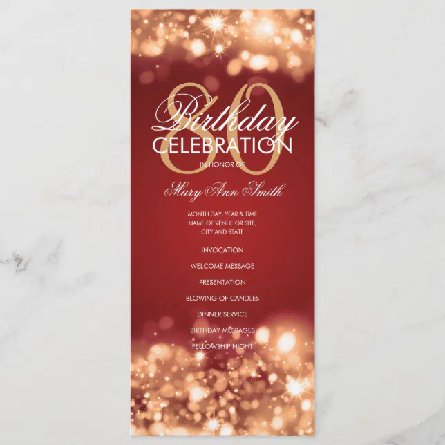 80th Birthday Program Glam Lights Red Gold w/ Menu | Zazzle