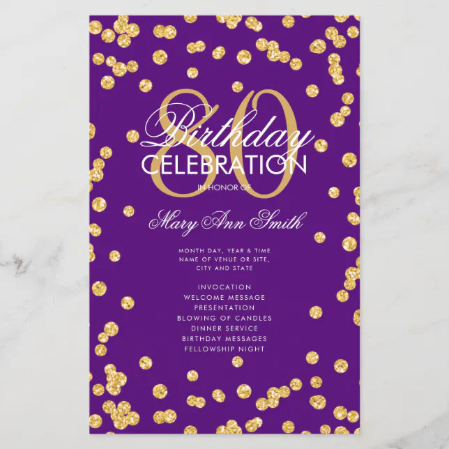 80th Birthday Program Gold Purple Glitter w/ Menu | Zazzle