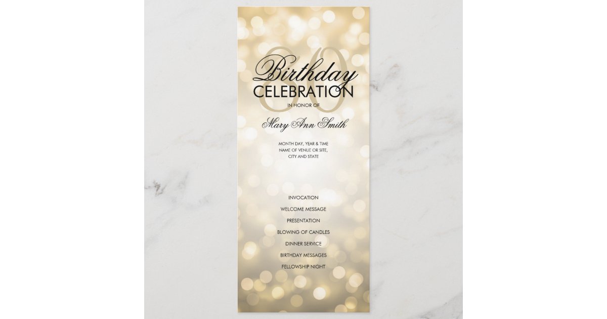 80th Birthday Program Lights Gold Menu | Zazzle