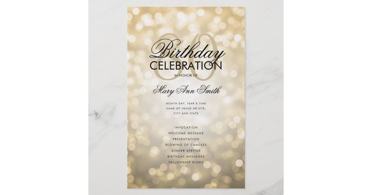 80th Birthday Program Lights Gold w/ Menu Flyer | Zazzle