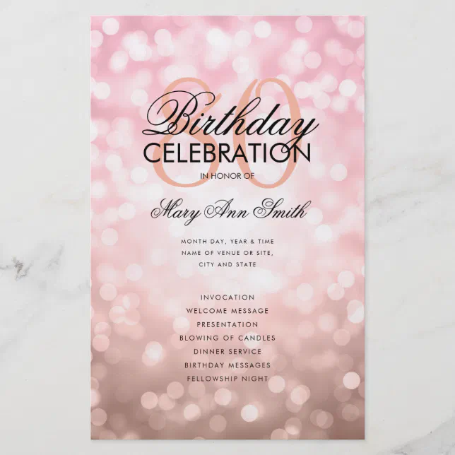 80th Birthday Program Lights Rose Gold Menu Flyer | Zazzle