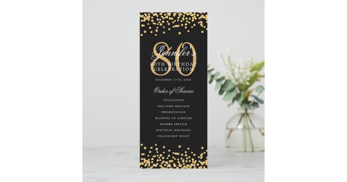 80th Birthday Program Menu Thank You Gold Confetti | Zazzle