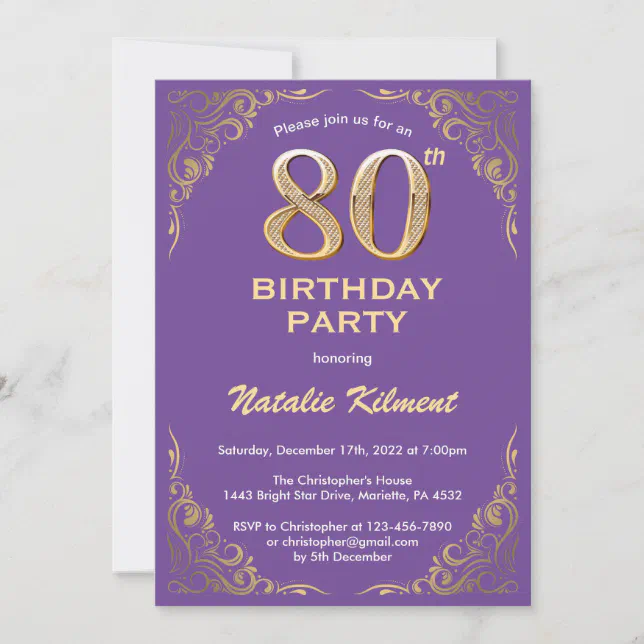 80th Birthday Purple and Gold Glitter Frame Invitation | Zazzle