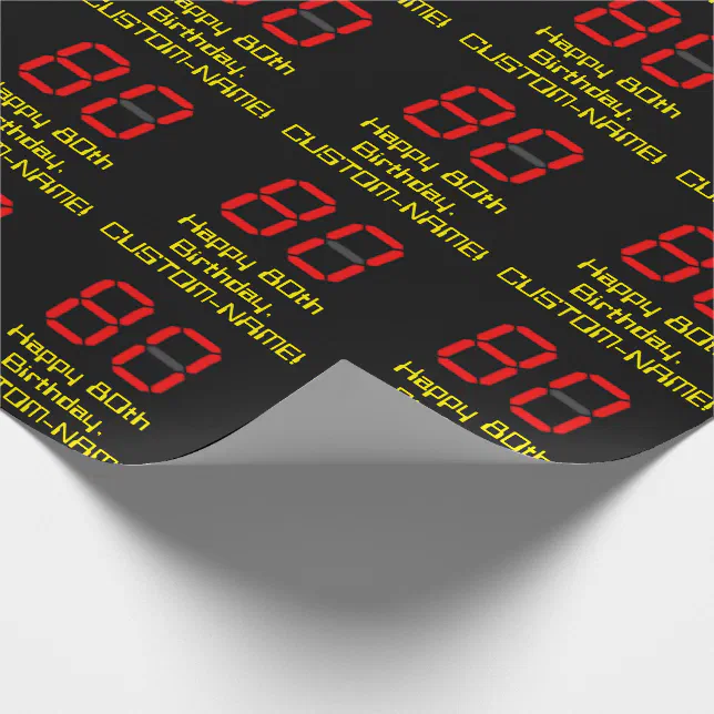 80th Birthday: Red Digital Clock Style "80" + Name Wrapping Paper | Zazzle
