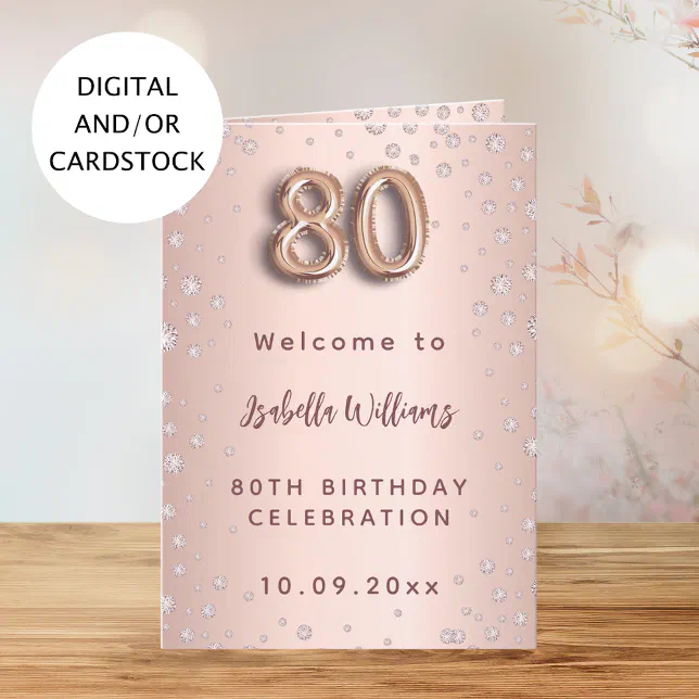 80th birthday rose gold diamonds welcome menu | Zazzle