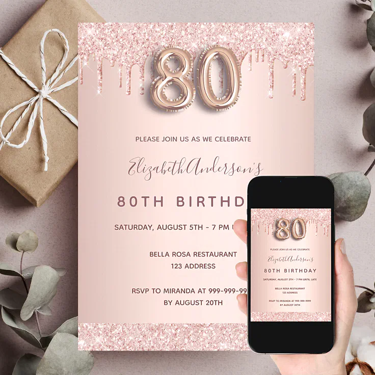 80th Birthday Rose Gold Glitter Drips Pink Glam Invitation Zazzle