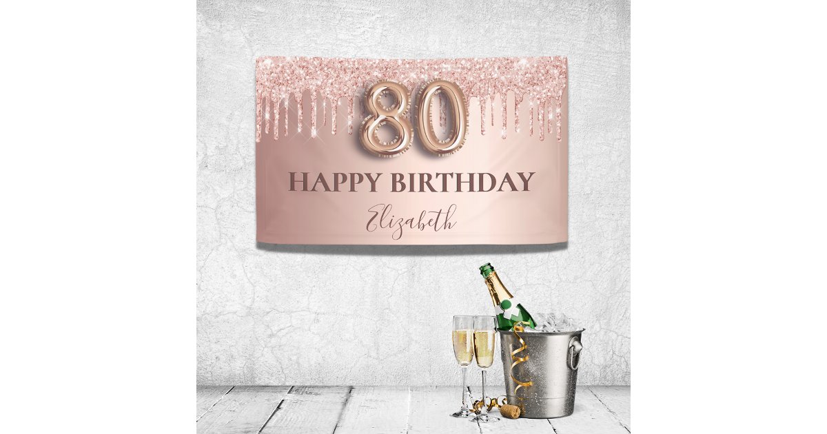 80th birthday rose gold glitter pink balloon style banner | Zazzle