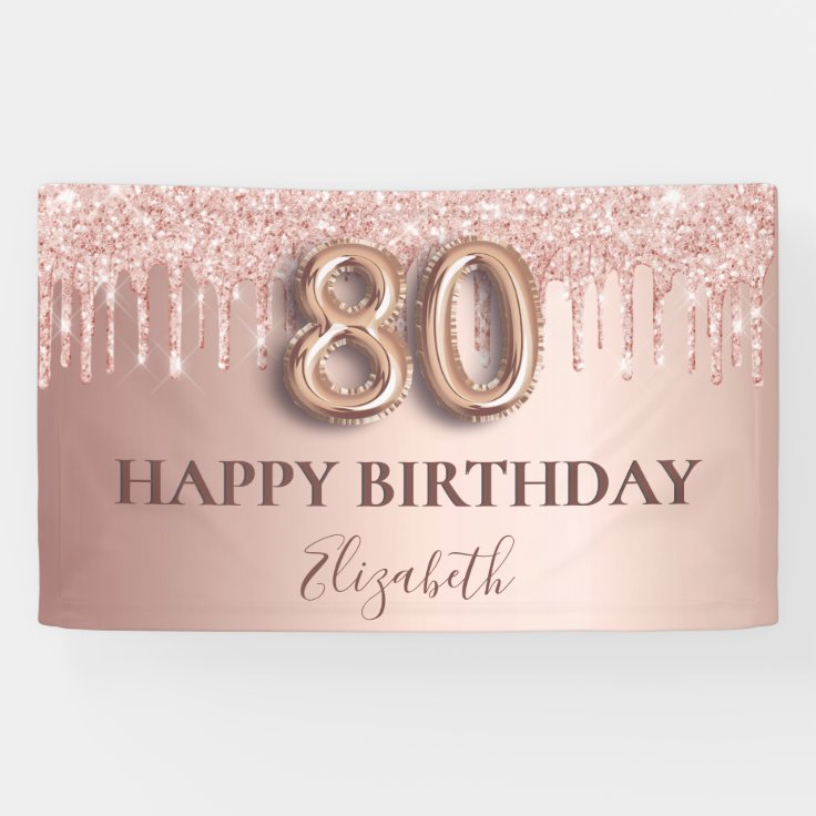 80th birthday rose gold glitter pink balloon style banner | Zazzle