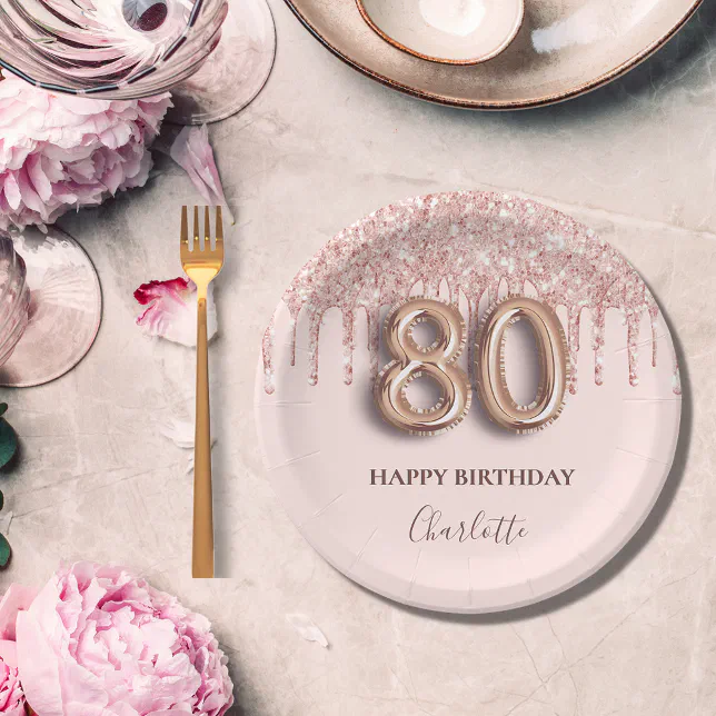 80th birthday rose gold glitter pink balloon style paper plates | Zazzle