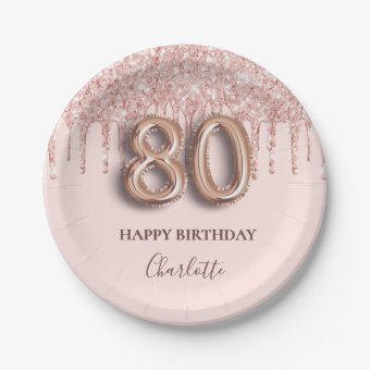 80th birthday rose gold glitter pink balloon style paper plates | Zazzle