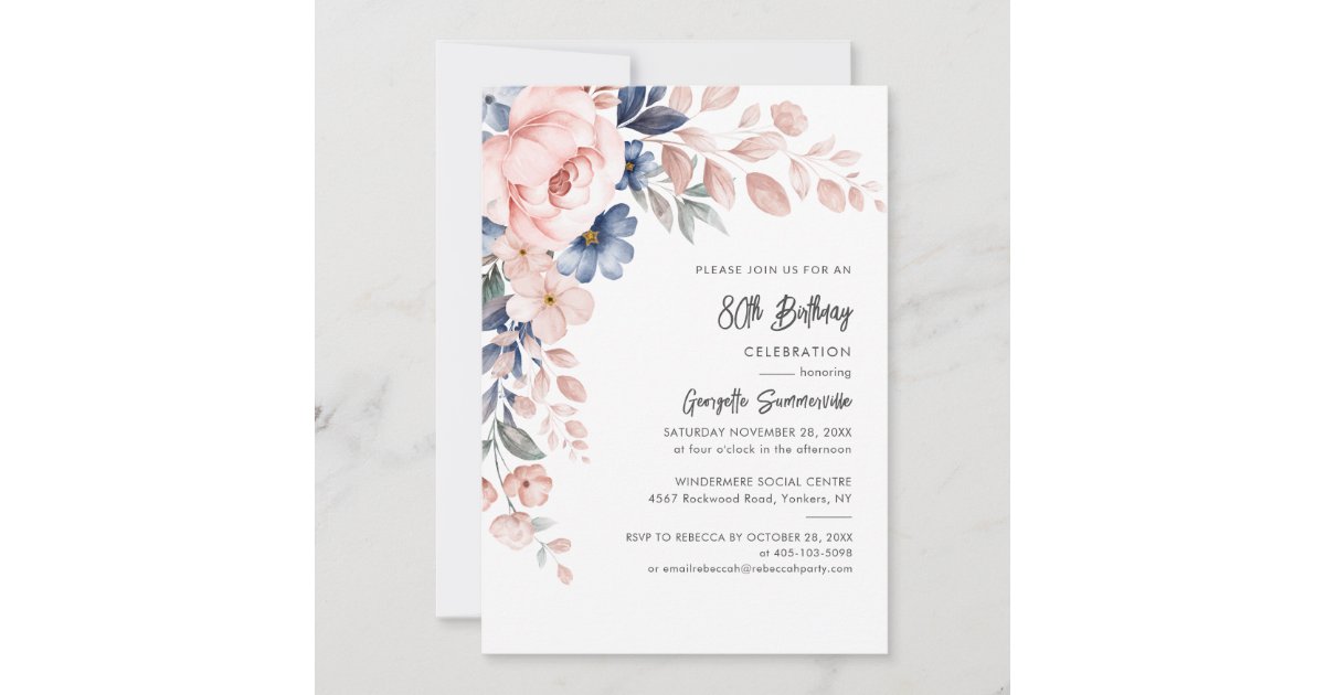 80th Birthday Script Pink Floral Party Invitation | Zazzle