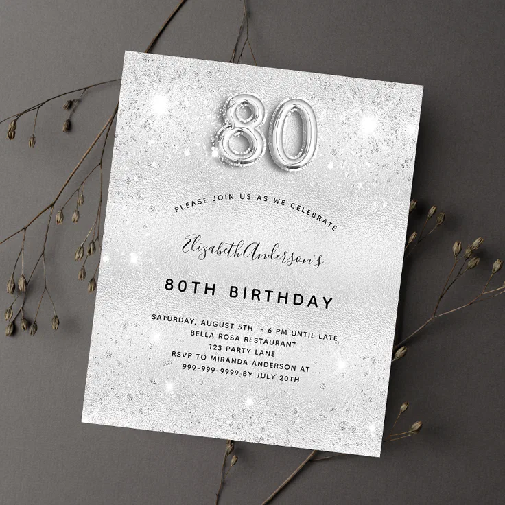 80th birthday silver glitter budget invitation flyer | Zazzle
