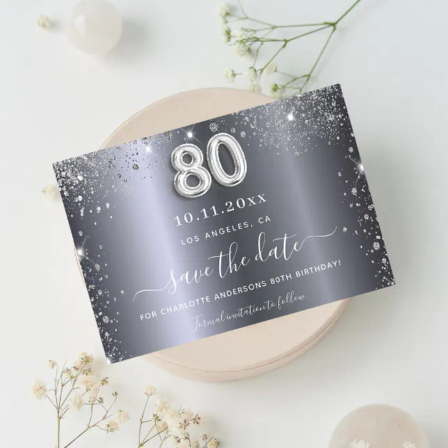 80th birthday silver glitter elegant save the date | Zazzle