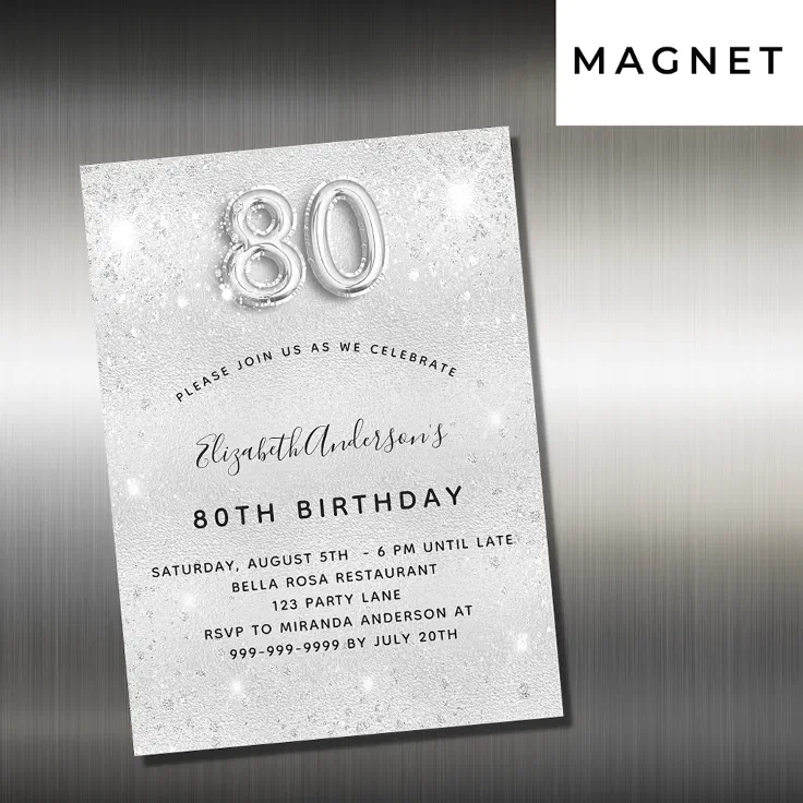 80th birthday silver glitter glamorous magnetic invitation | Zazzle
