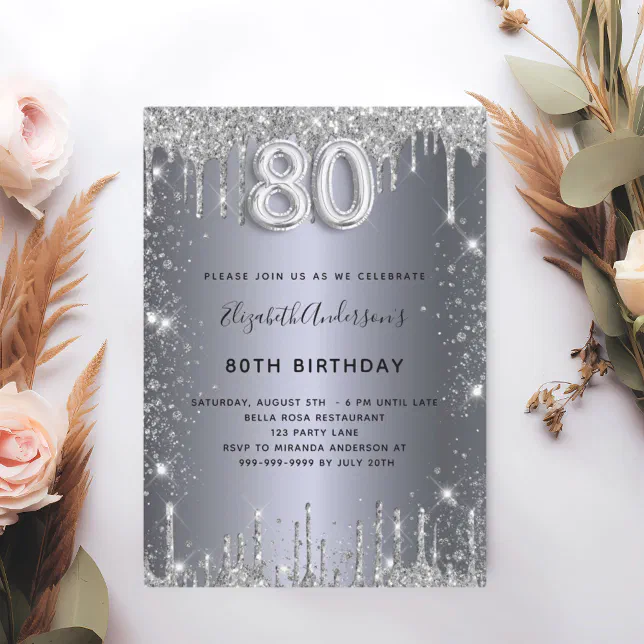 80th birthday silver metal glitter dust glam invitation | Zazzle