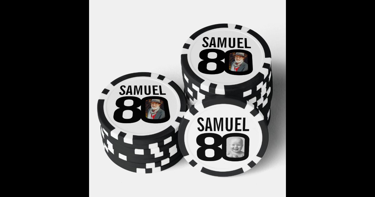 80th birthday two custom photos black and white poker chips | Zazzle