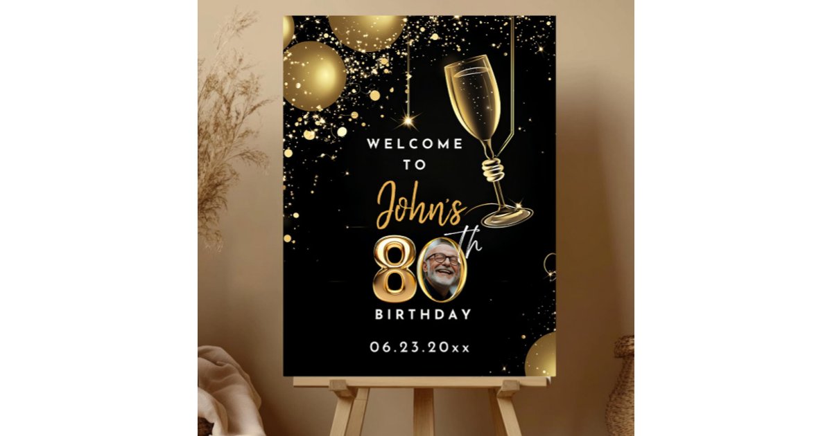 80th Birthday Welcome Sign Printable Modern Black | Zazzle
