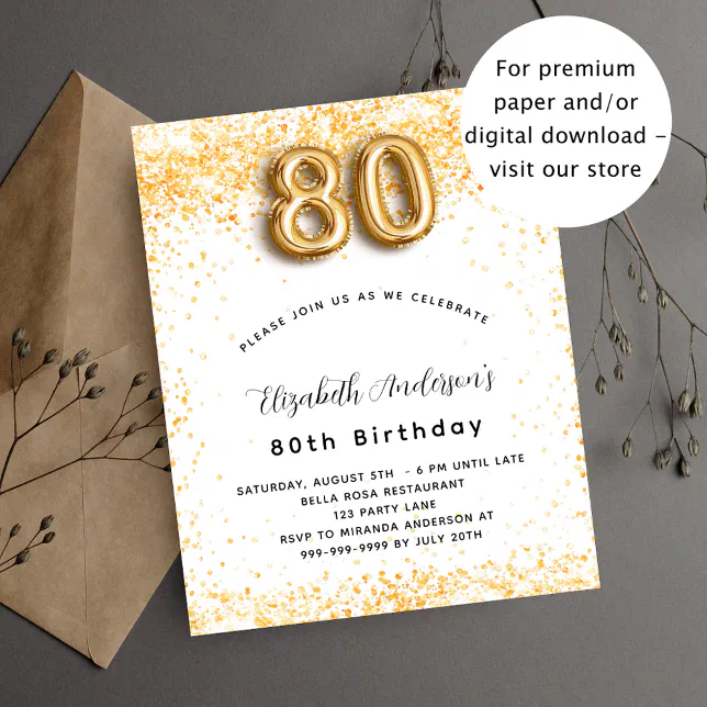 80th birthday white gold glitter budget invitation flyer | Zazzle