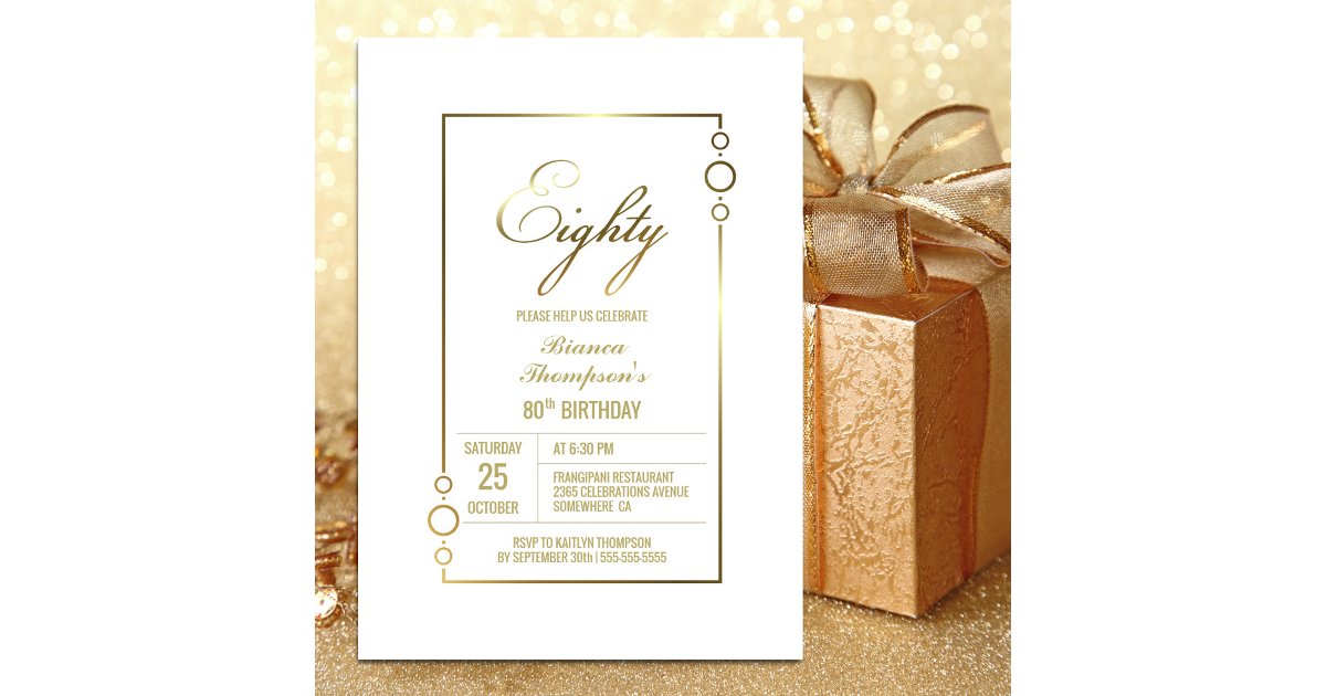 80th Birthday White with Gold Frame Party Invitation | Zazzle
