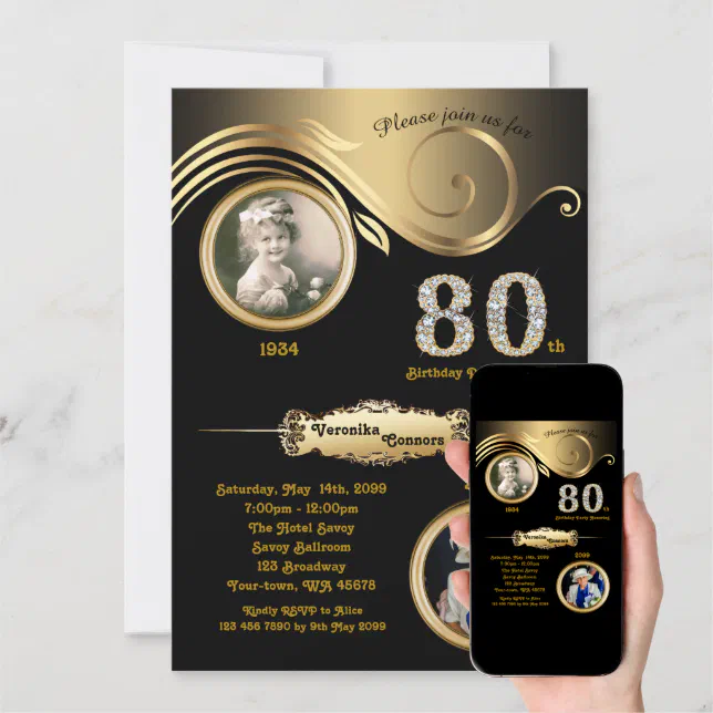 80th Birthday Woman 80th Art Deco Black Gold Invitation Zazzle