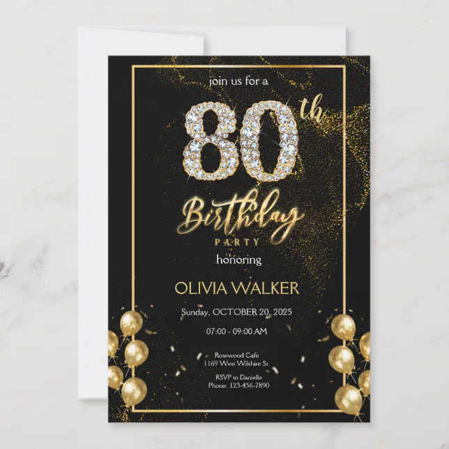 80th Diamond Black and Gold Birthday Invitation | Zazzle