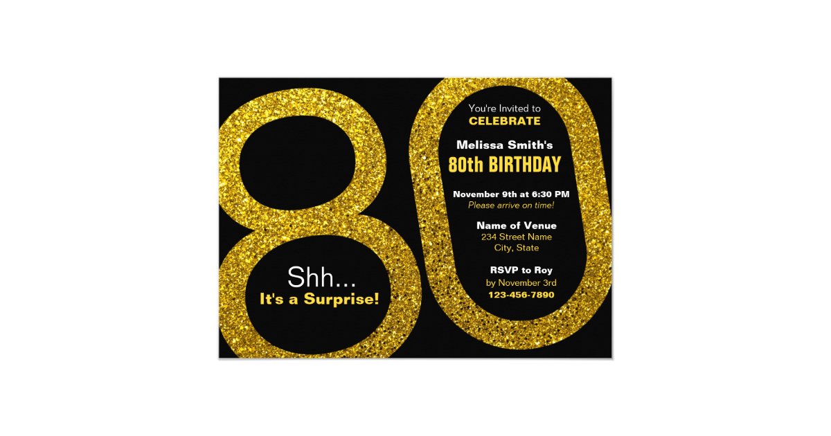 80th Gold Glitter Birthday Invitations | Zazzle.com