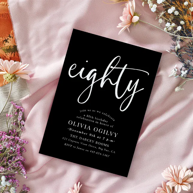 80th White on Black Birthday Party Modern Script Invitation | Zazzle