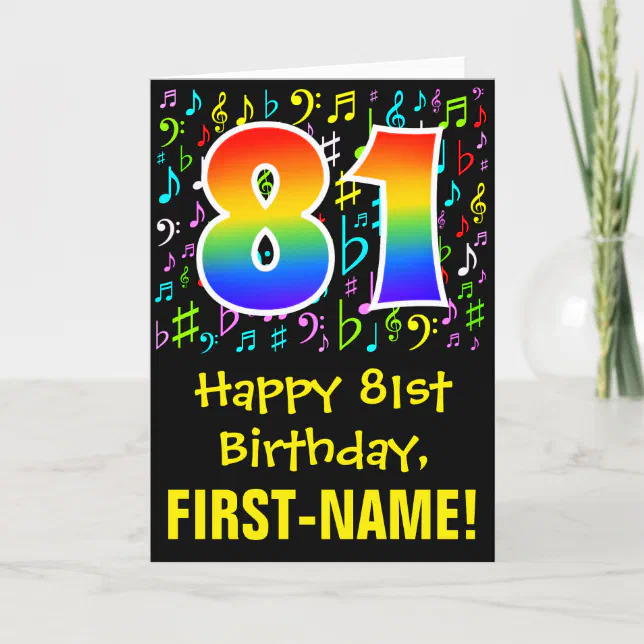 81st Birthday: Colorful Music Symbols + Rainbow 81 Card | Zazzle