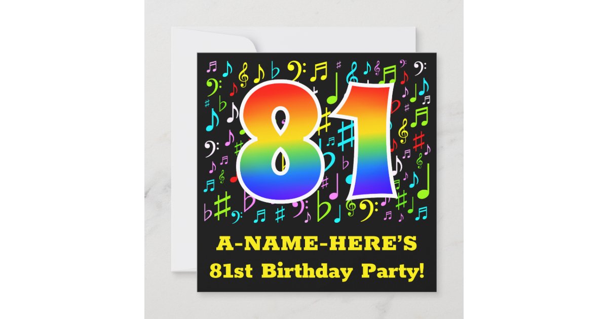 81st Birthday Party: Fun Music Symbols, Rainbow 81 Invitation | Zazzle