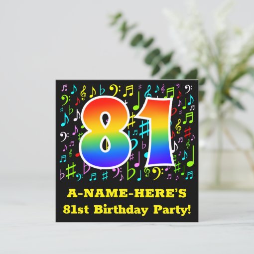 81st Birthday Party: Fun Music Symbols, Rainbow 81 Invitation | Zazzle