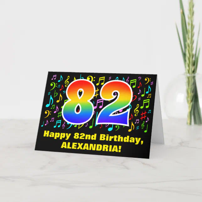 82nd Birthday: Colorful Music Symbols & Rainbow 82 Card | Zazzle
