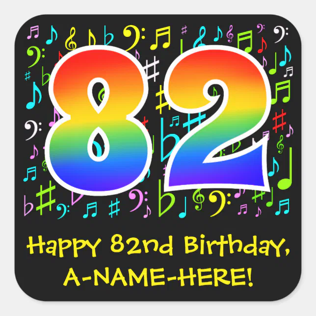 82nd Birthday: Colorful Music Symbols, Rainbow 82 Square Sticker | Zazzle
