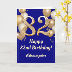 82nd Birthday Navy Blue and Gold Balloons Confetti Card | Zazzle