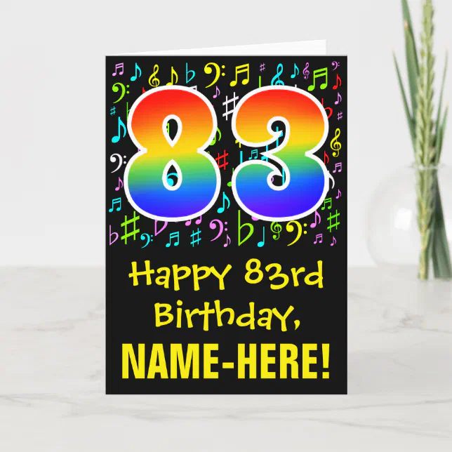 83rd Birthday: Colorful Music Symbols + Rainbow 83 Card | Zazzle
