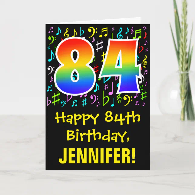 84th Birthday: Colorful Music Symbols + Rainbow 84 Card | Zazzle