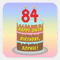 84th Birthday: Fun Cake and Candles + Custom Name Square Sticker | Zazzle